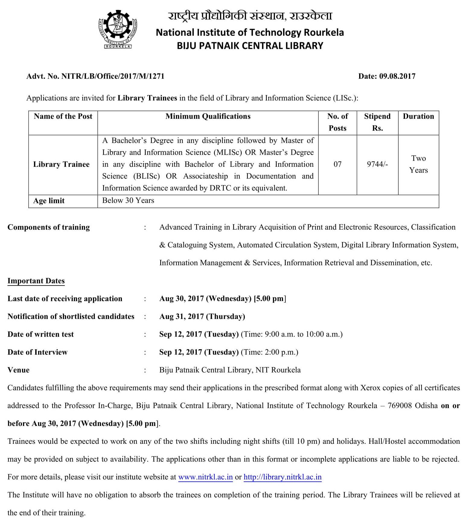 Recruitment for Library Trainees at National Institute of Technology ...