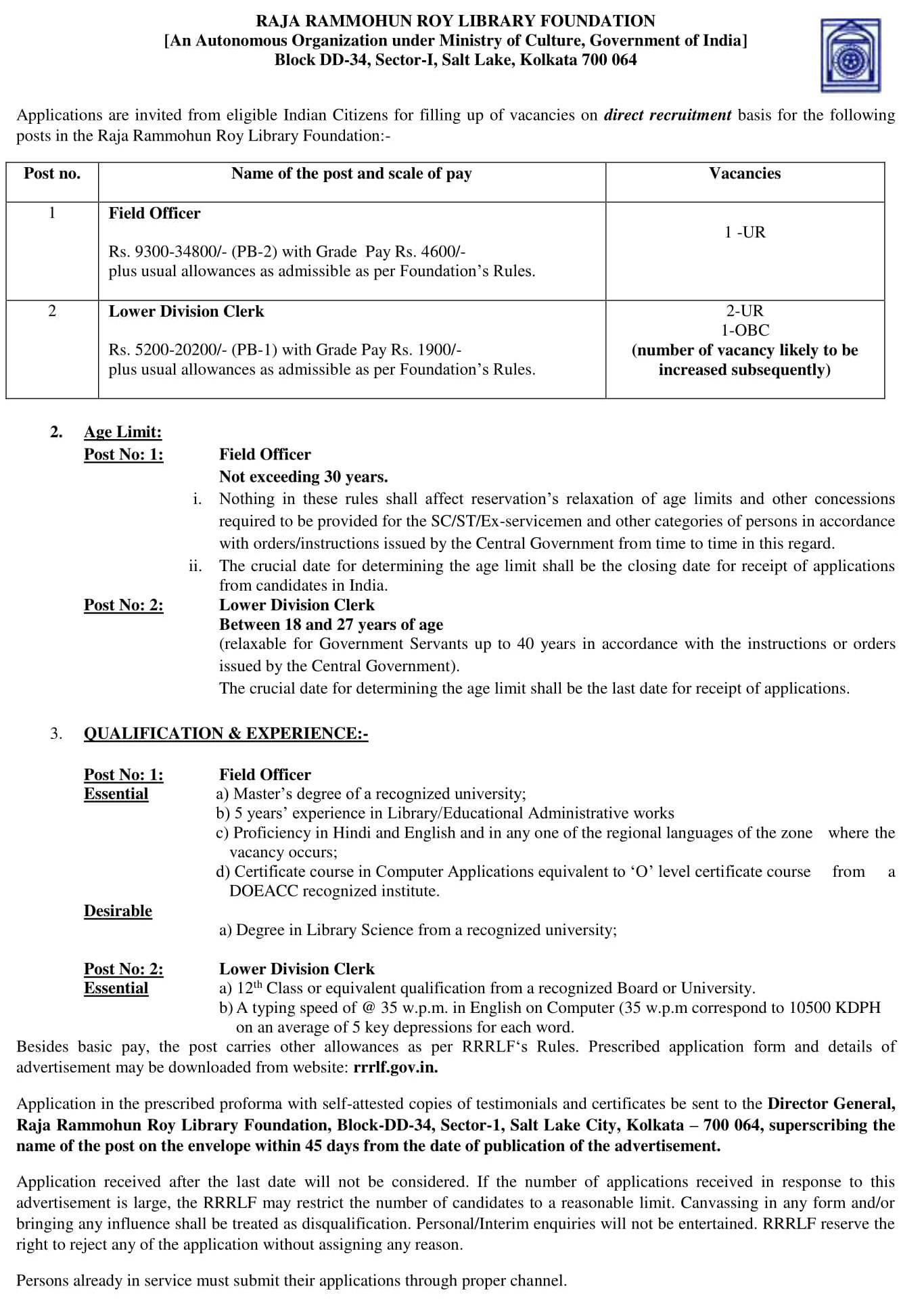 Recruitment for Field Officer at Raja Rammohun Roy Library Foundation ...