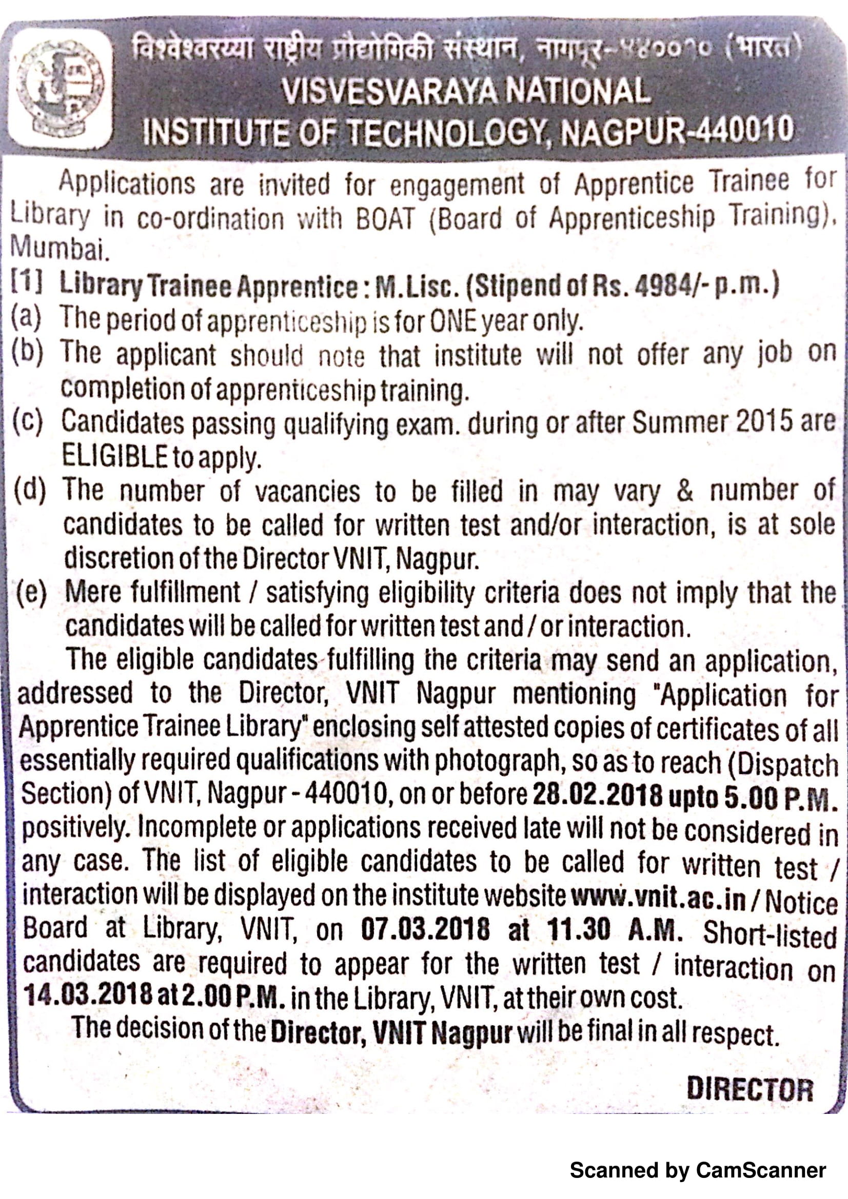 Recruitment for Apprentice Trainee for Library Post at VNIT, Nagpur ...