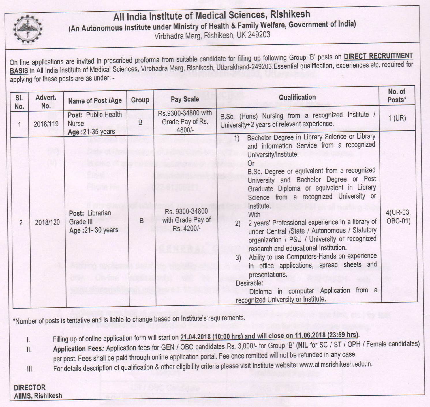 Recruitment for Librarian Post at AIIMS, Rishikesh : Online Last Date ...