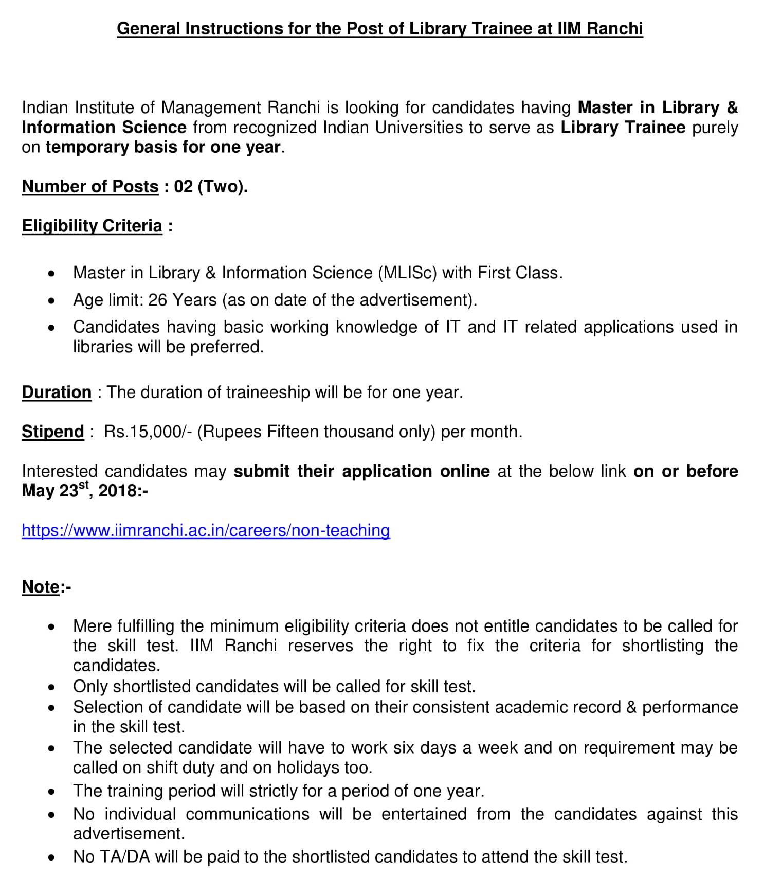Recruitment for Library Trainee Post at IIM, Ranchi : Last Date 23/05 ...