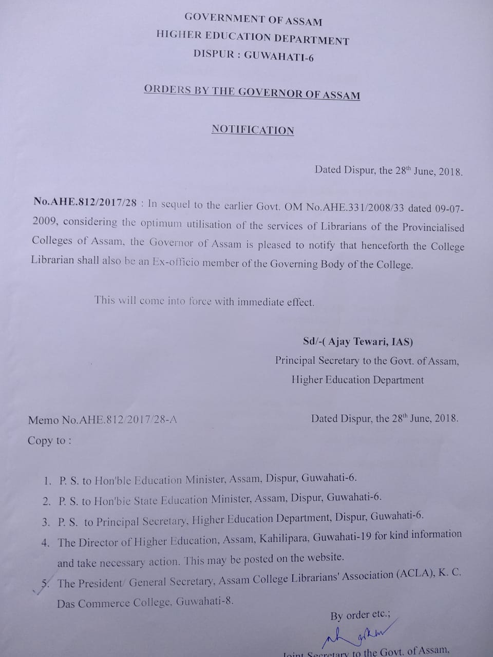 Government of Assam Notification: College Librarian Shall be an Ex ...
