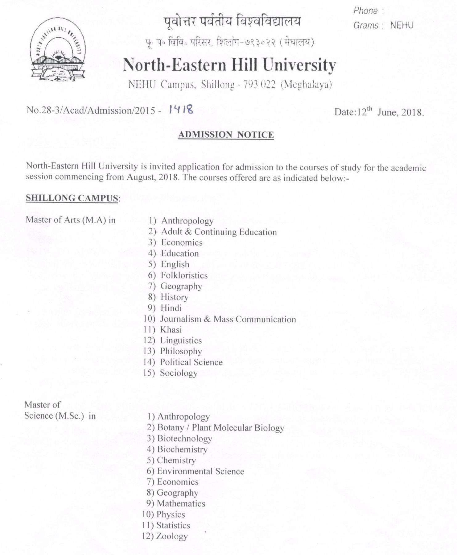 MLISc Admission Notification at NEHU, Shillong : Last Date 18/07/2018 ...