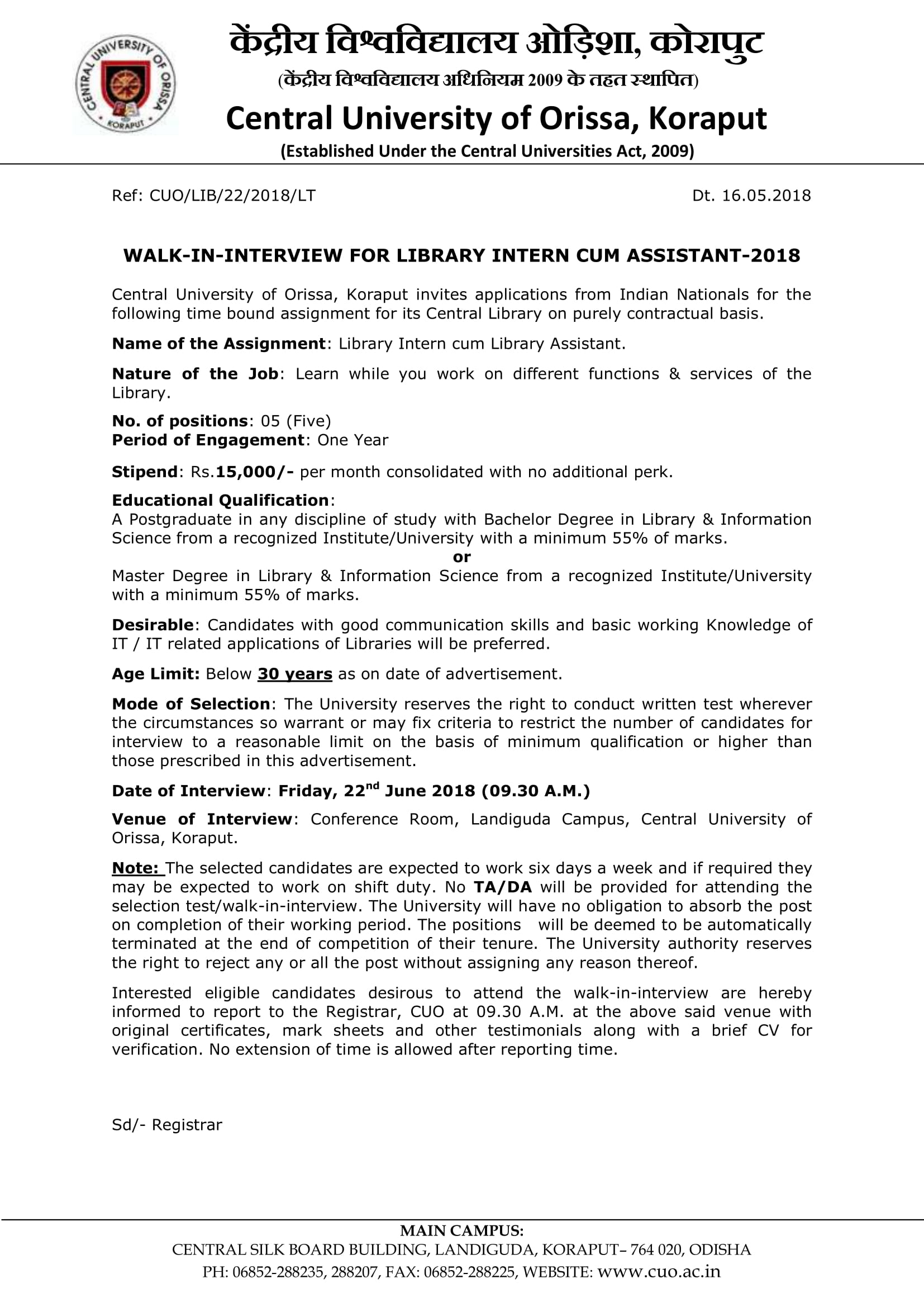Walk-In-Interview for Library Intern cum Assistant at Central ...