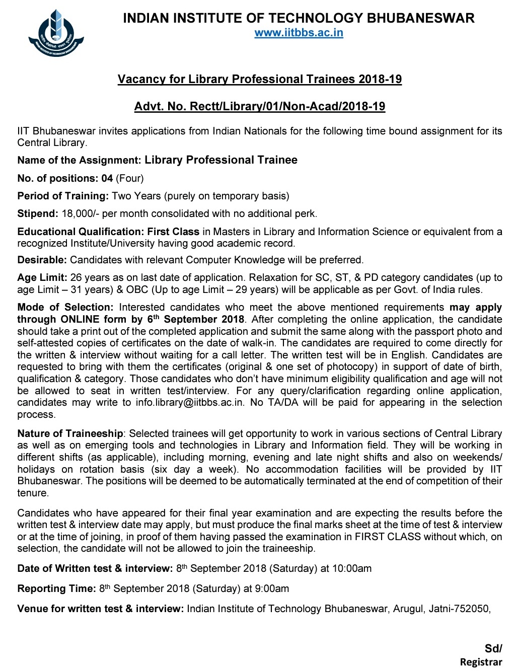Recruitment for Library Professional Trainee Post at IIT, Bhubaneswar ...