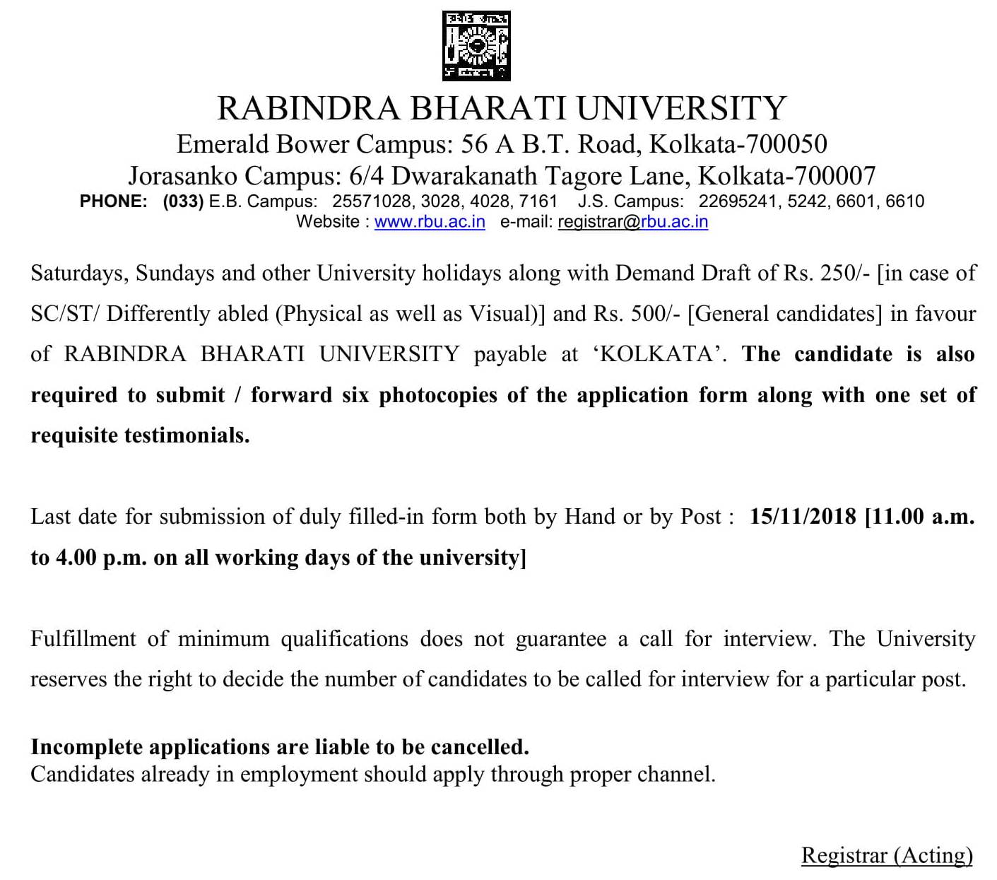 Recruitment for Librarian Post at Rabindra Bharati University, Kolkata ...