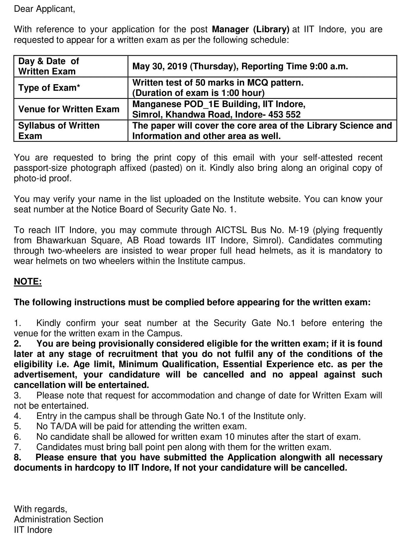 Call Letter for Written Exam for the Post of Manager (Library) at IIT ...