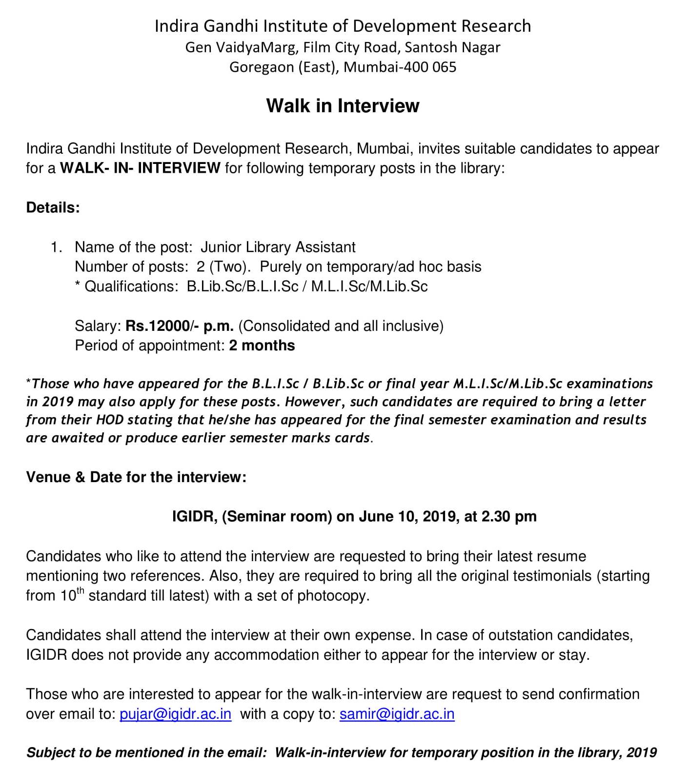Walk in Interview for Junior Library Assistant Post at IGIDR, Mumbai ...