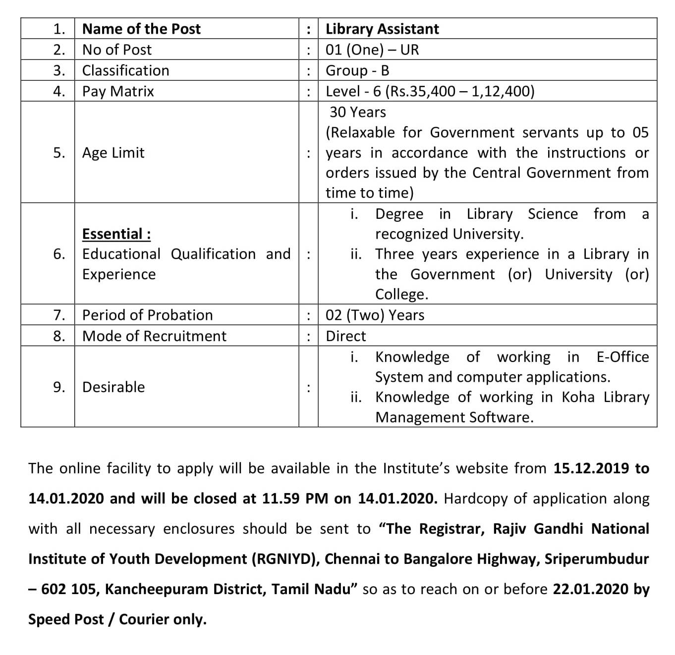 Advertisement for Library Assistant Post at RGNIYD, Chennai : Last Date ...