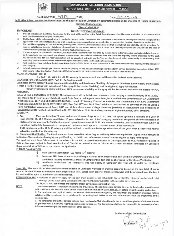 Advertisement for Jr. Librarian Post at Odisha Staff Selection ...