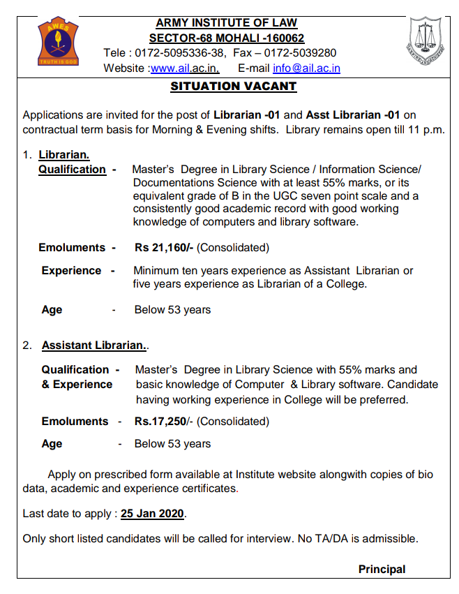 Advertisement for Librarian and Assistant Librarian Post at Army ...