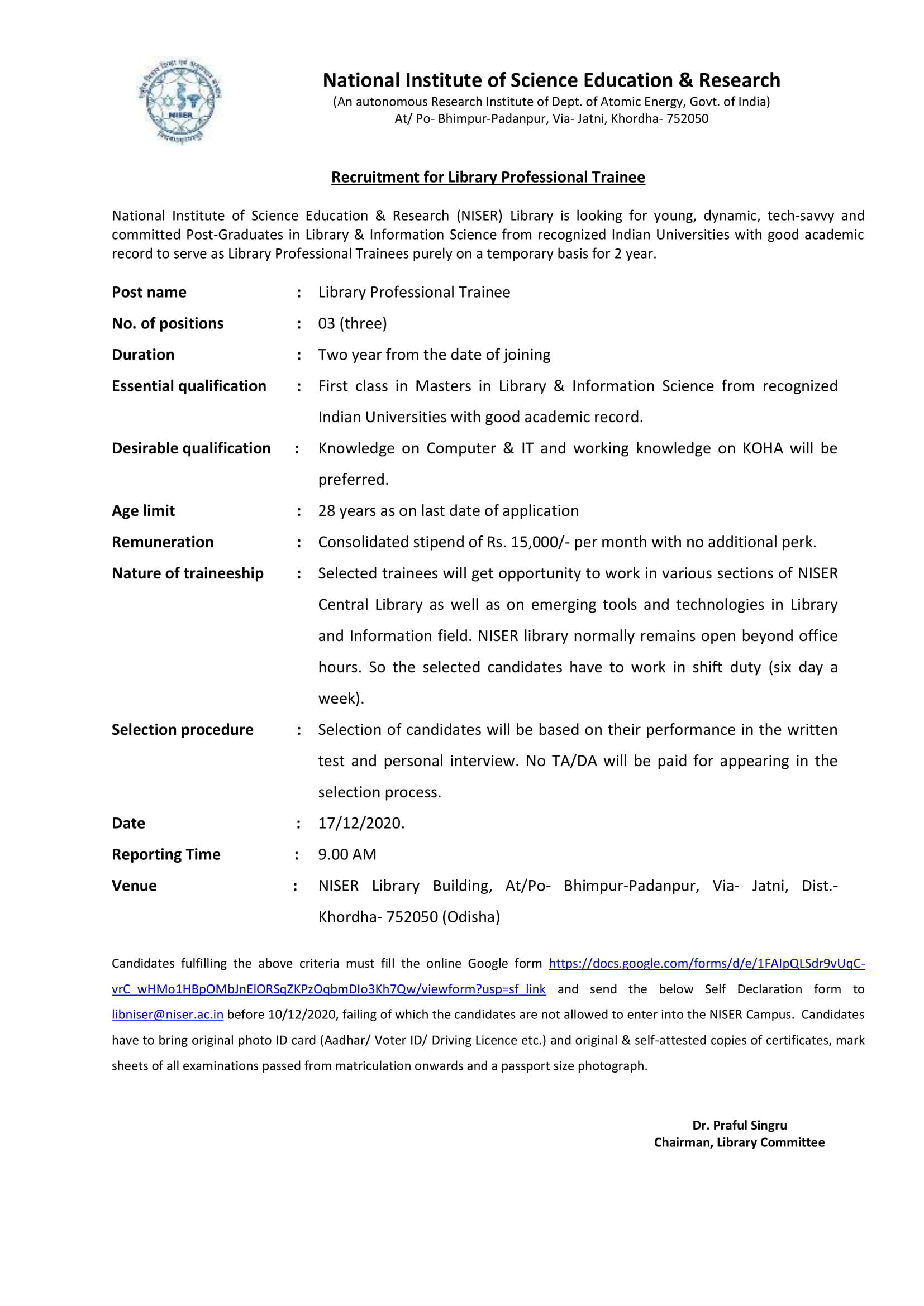 Walk-in-interview for Library Professional Trainee Post at NISER ...