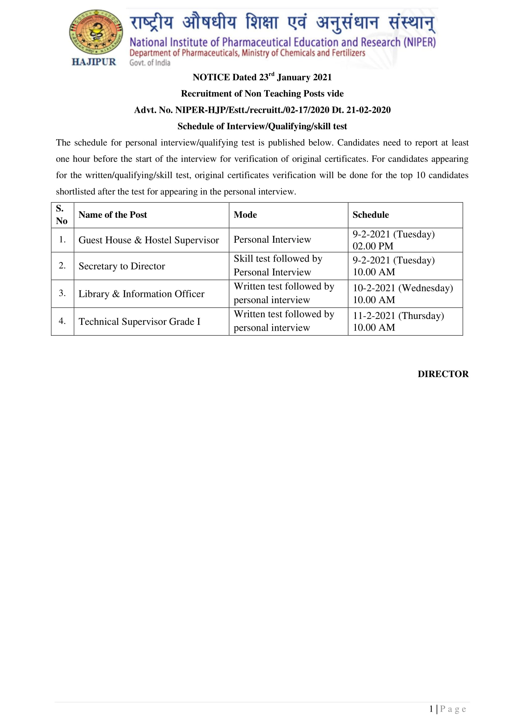 Schedule of Interview/Qualifying/skill test for Library & Information ...