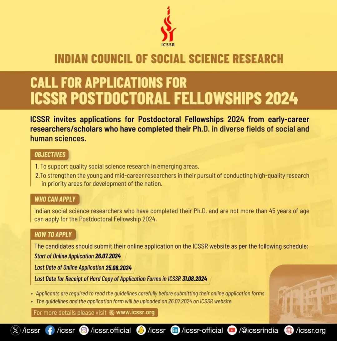 Call for Applications for ICSSR’s Postdoctoral Fellowship 2024 : Last ...